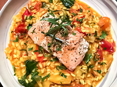 Saffron and Tomato Risotto with Pan-seared Herb Salmon